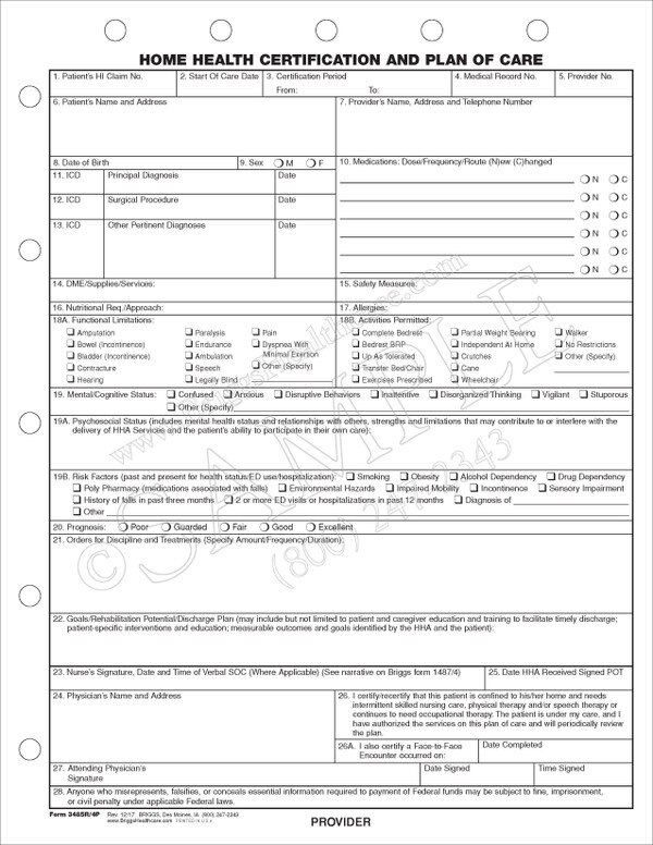 Home Health Certification And Plan Of Care Form